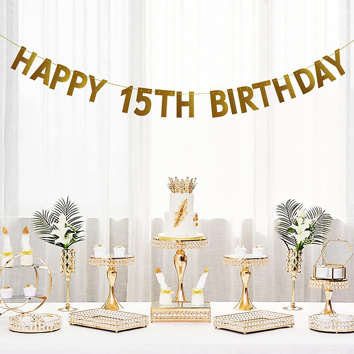 HAPPY 15TH BIRTHDAY Banner，Pre-strung，No Assembly Required，15th Birthday Party Decorations Supplies，Gold Glitter Paper Garlands Backdrops, Letters Gold Betteryanzi