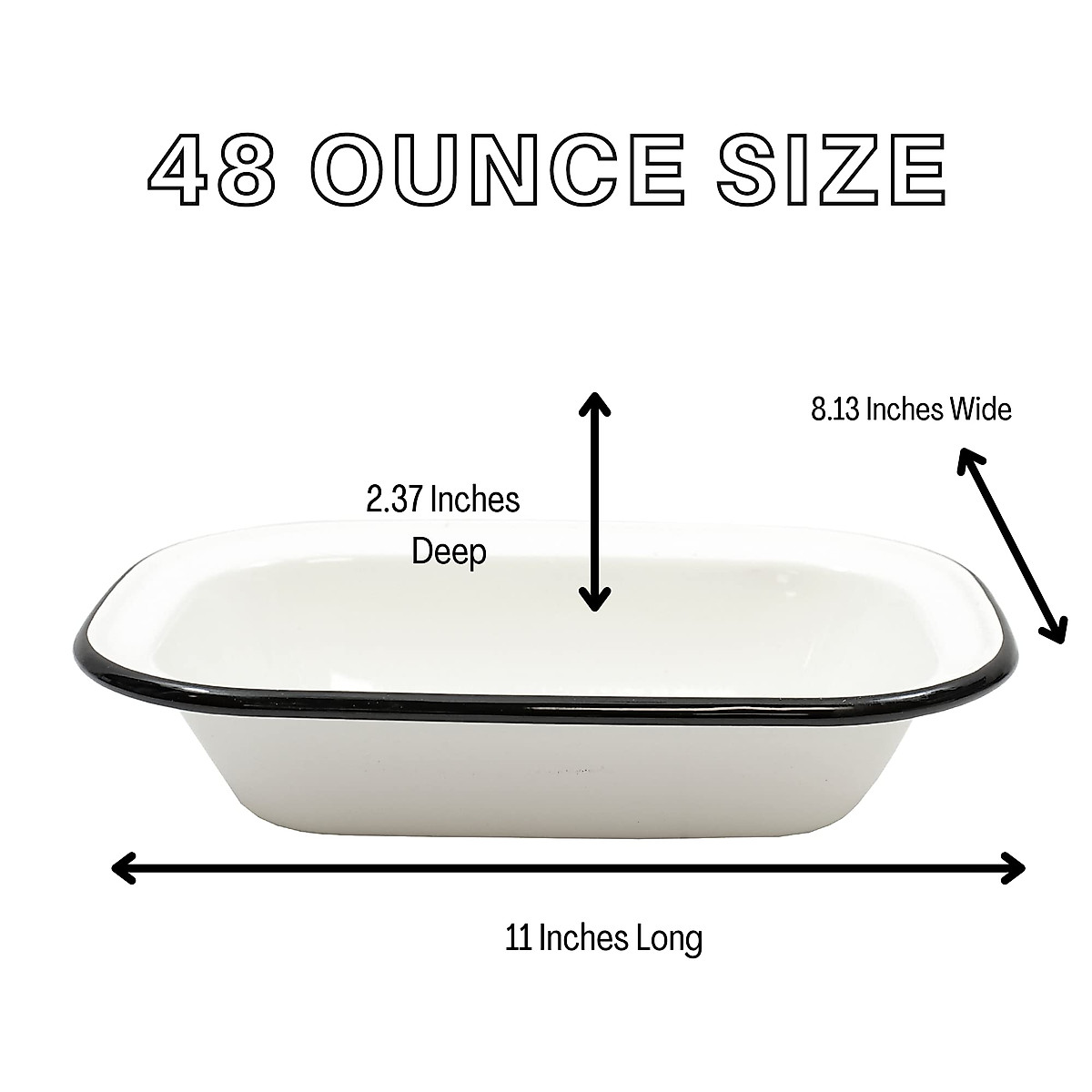 Tablecraft Enamelware Collection Black Rim Solid White Enamel Rectangular Serving Bake Pan, Camping, Farmhouse, Home & Restaurant Use Porcelain over Steel, Classic, Vintage, Style 11x8x2.3