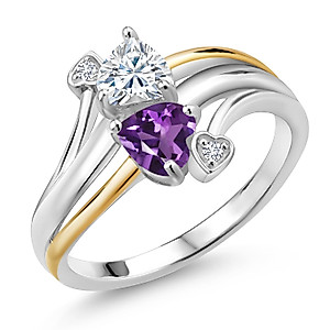 Gem Stone King 925 Sterling Silver and 10K Yellow Gold Purple Amethyst Lab Grown Diamond and White Moissanite 2 Heart Promise Engagement Mother Ring (0.86 Cttw, Available In Size 5, 6, 7, 8, 9)