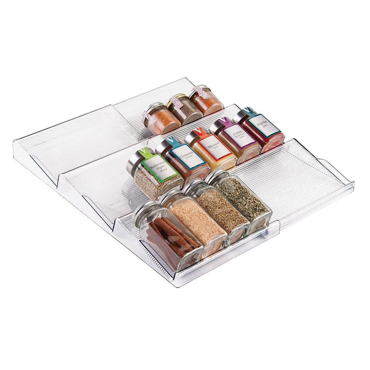 mDesign Expandable Plastic Deluxe Spice Rack, Drawer Organizer for Kitchen Cabinet Drawers - 3- Tier Slanted for Spice Jar, Food Seasoning Bottle Storage, Easy Install - Ligne Collection - Clear