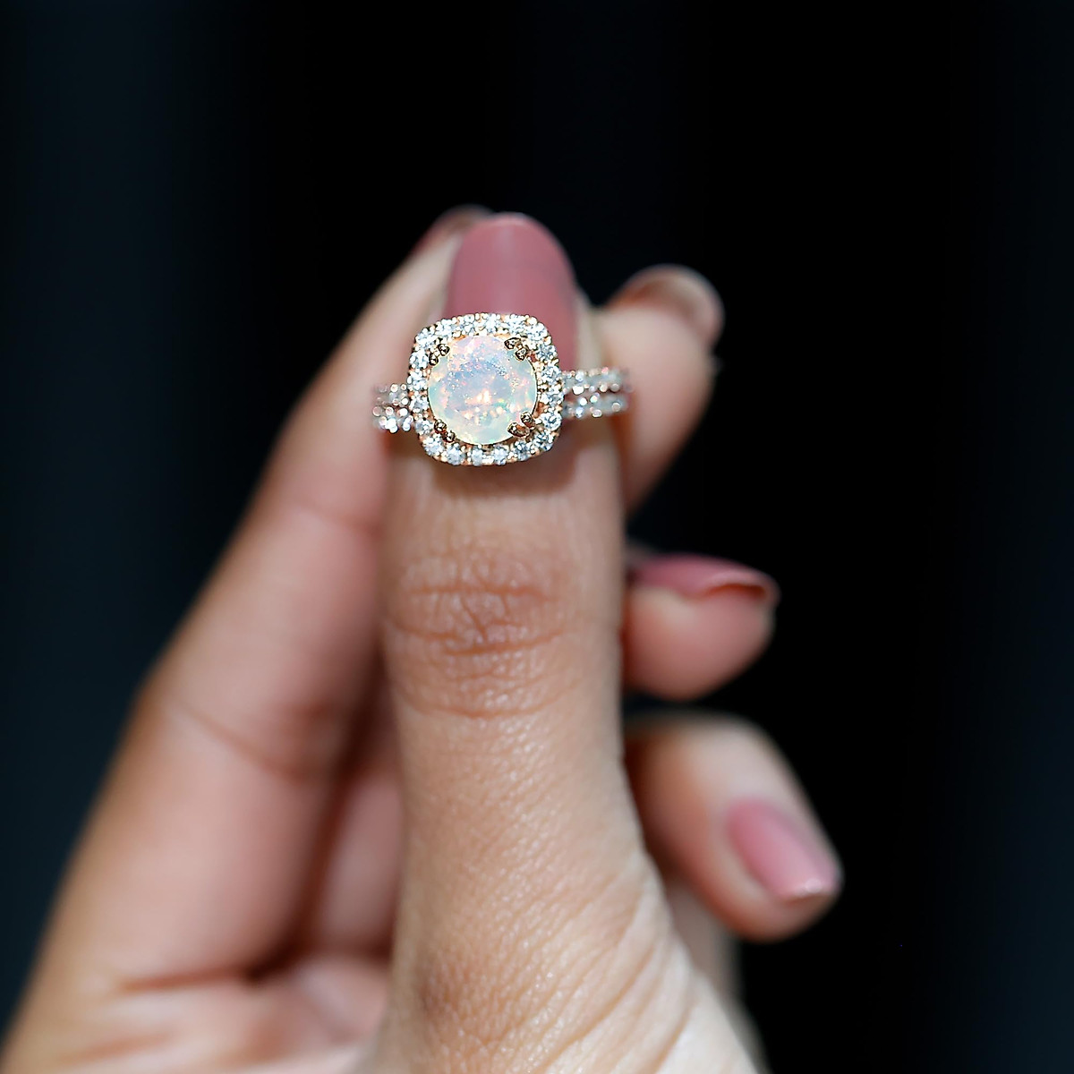 Ethiopian Opal Moissanite Wedding Ring Set, AAA Quality Certified 8mm Round Opal Bridal Ring Set - With Jewelry Box, 14K Rose Gold, Size:US 7.00