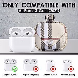 Pujuyeka Leather Luxury Case for AirPods 3rd Generation 2021 with Keychain,Designer Plaid Cute Airpod Charging Case Cover Aesthetic Lockable Protective Air Pod Skin Cover (AirPod 3rd Gen 2021 Beige)