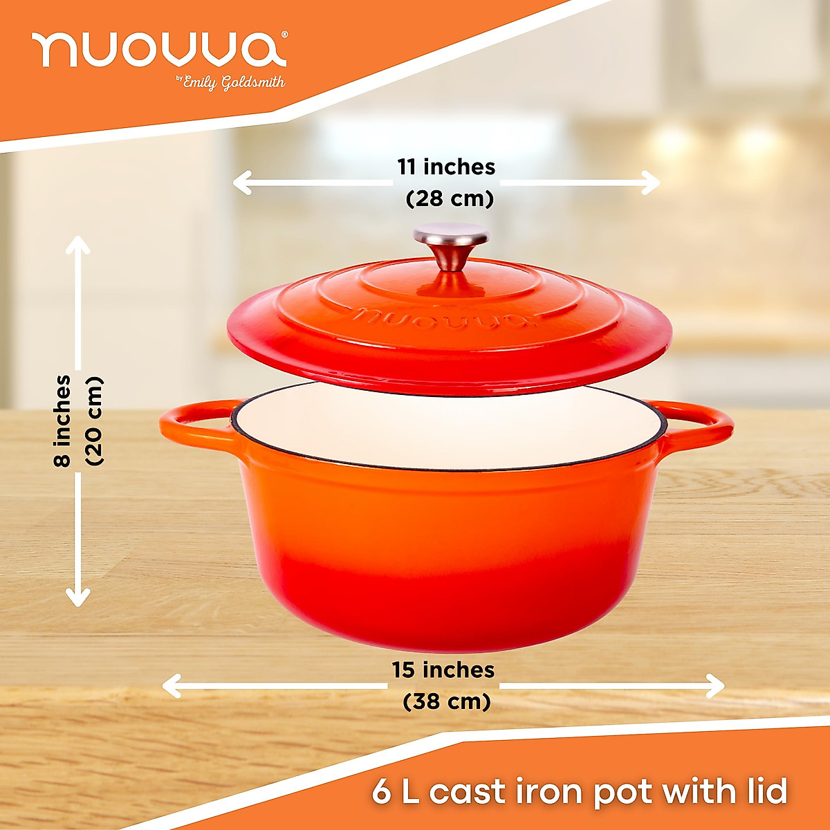 Cast Iron Dutch Oven with Lid – Non-Stick Ovenproof, Enamelled Casserole Pot –Oven Safe up to 500° F Sturdy Dutch Oven for Bread Baking – Orange, 6.4-Quart, 28cm – by Nuovva