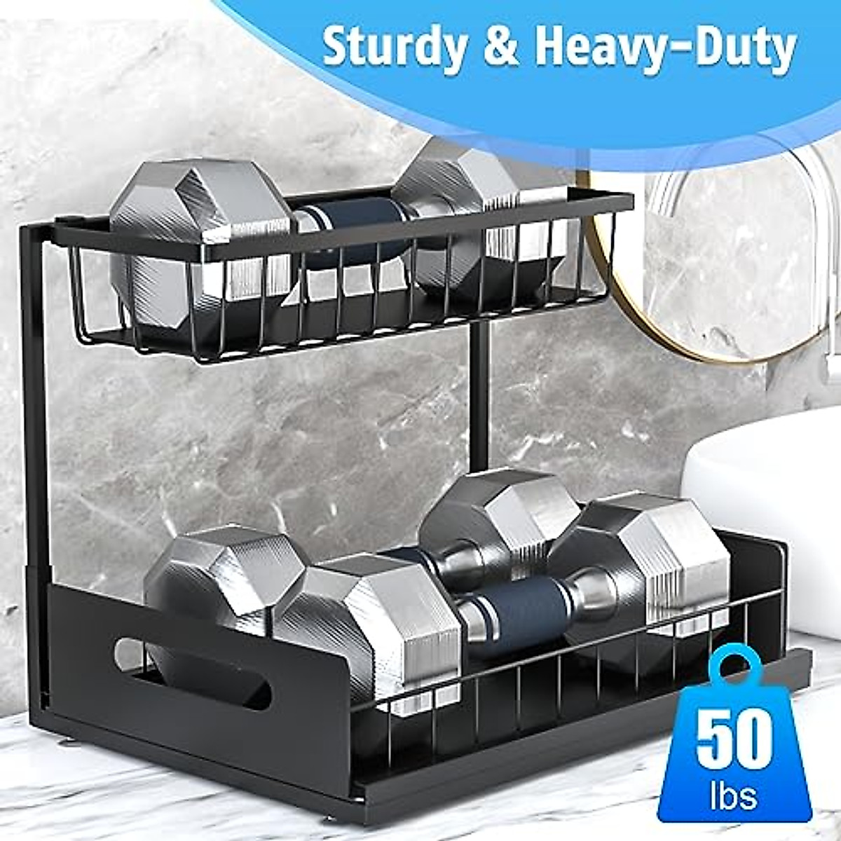 EastShark Fully Metal Under Sink Organizers and Storage with Sliding Drawer Bottom, 2 Tier L Shaped Sturdy & Heavy-Duty Kitchen Bathroom Cabinets Shelves, Pull Out Cabinet Organizer