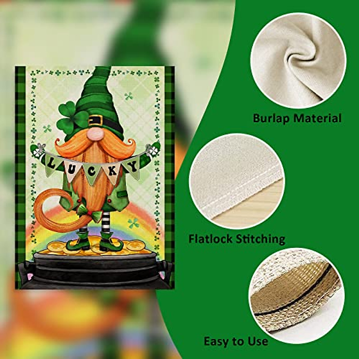 Covido Home Decorative St. Patrick's Day Gnome Garden Flag, Lucky Pot Gold Coins Shamrock Clover Yard Outside Decorations, Irish Luck Outdoor Small Decor Double Sided 12x18