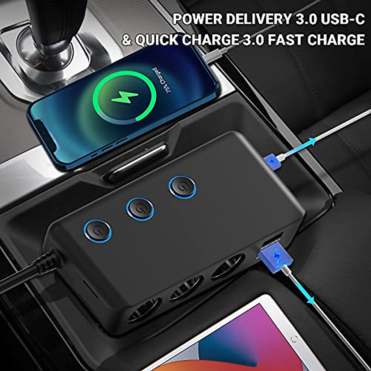 Car Charger Splitter 200W, Qidoe 3 Socket Cigarette Lighter Adapter with PD20W USB-C & QC3.0 Multi USB Car Charger 12V/24V DC Outlet Cigarette Splitter Power Switches Voltmeter for GPS Dash Cam Phone