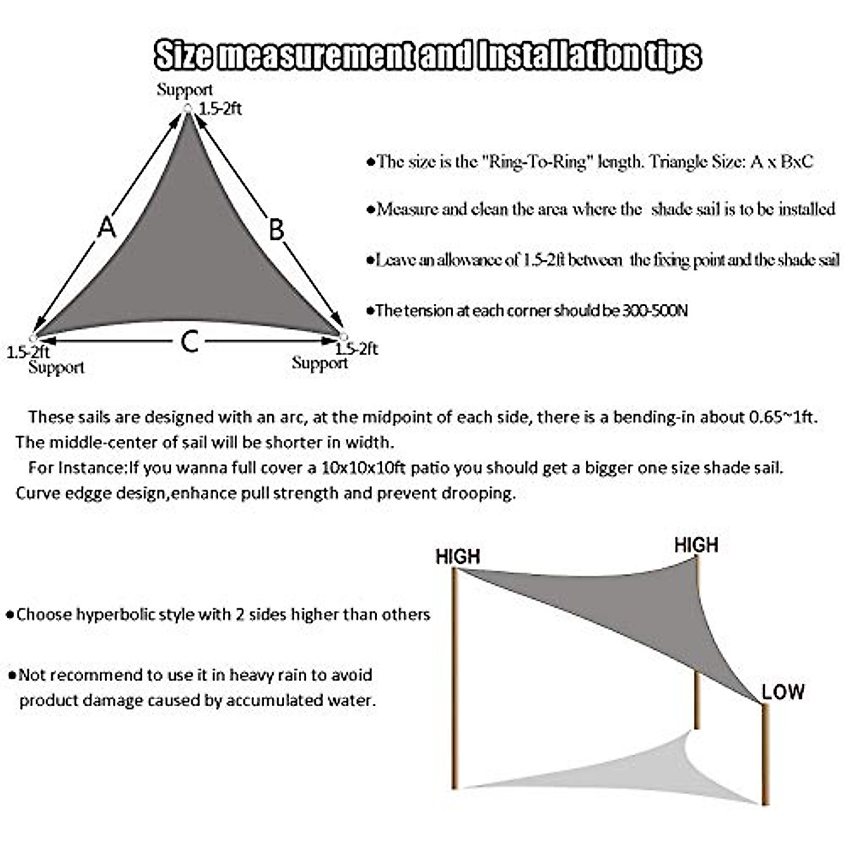 Grozoken Sun Shade Sail Triangle 10'x10'x10' UV Block Canopy Sail for Patio Backyard Lawn Garden Deck Outdoor Courtyard Park Carport Easy to Install Lightweight (Sand)