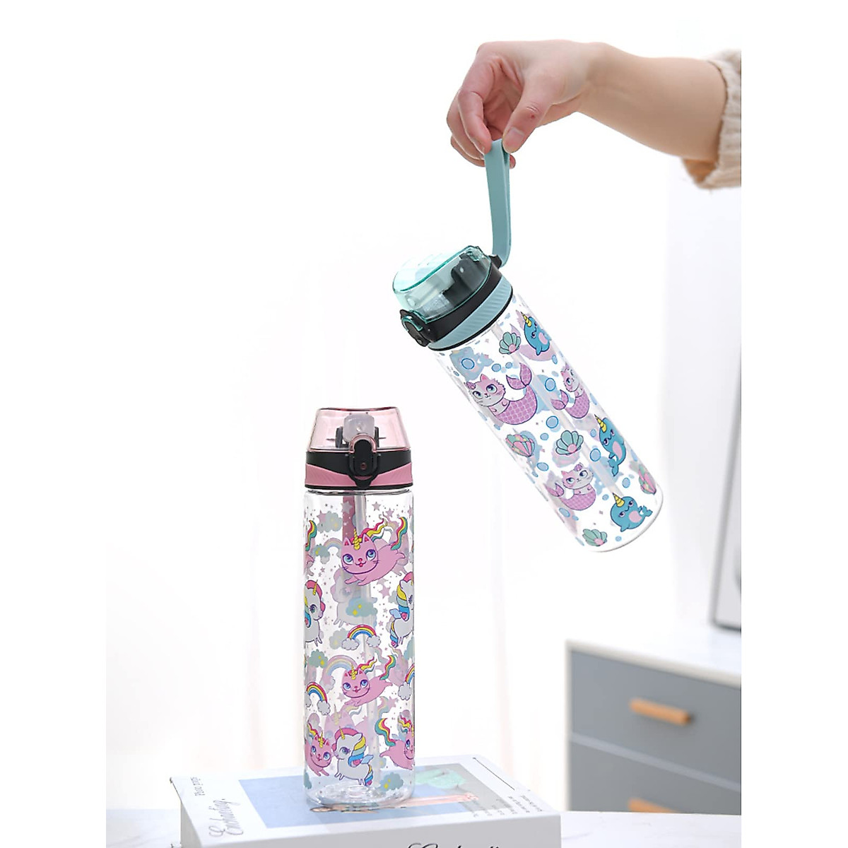 HUIN Cute Water Bottle for Girls Women, Water Bottle with Straw for School Kids, BPA FREE Reusable & Spill Proof & Wide Mouth, 24 oz / 700 ml, Unicorn