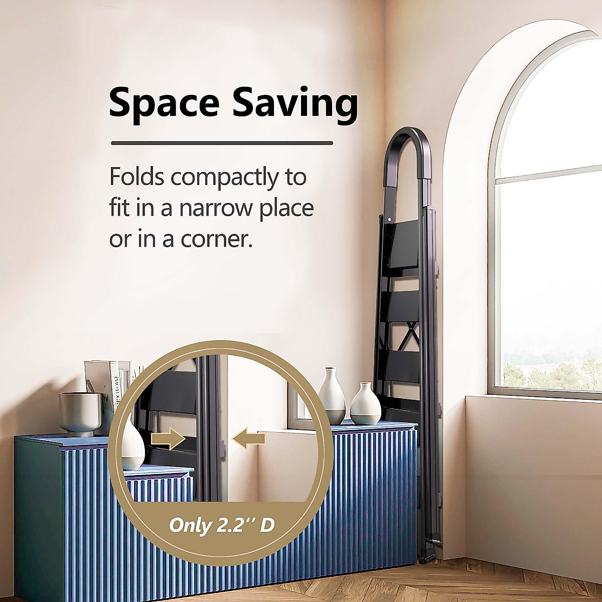 GameGem Lightweight Aluminum 5 Step Ladder Folding Step Stool with Convenient Handgrip Stepladders for 10 Foot High Ceiling with Anti-Slip and Wide Pedal for Home Use Space Saving - Brown Gold