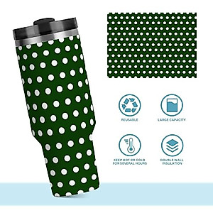Flradish 40oz Tumbler with Handle, Polka Dots Hunter Green White Stainless Steel Tumbler with Lid and Straws Double Wall Vacuum Insulated Leakproof Coffee Travel Mug