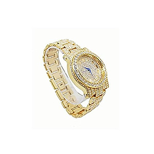 Charles Raymond Bling-ed Out Silver Round Luxury Mens Watch w/Bling-ed Out Cuban Bracelet - L0504B - Cuban (Gold)