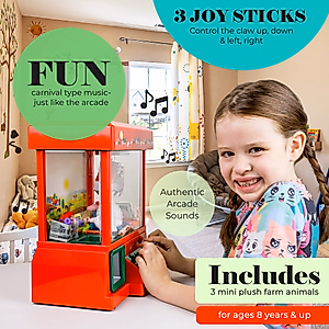 Bundaloo Claw Machine Arcade Game - Electronic Mini Candy and Toy Grabber Dispenser - with Sound & 3 Mini Plush Farm Animals