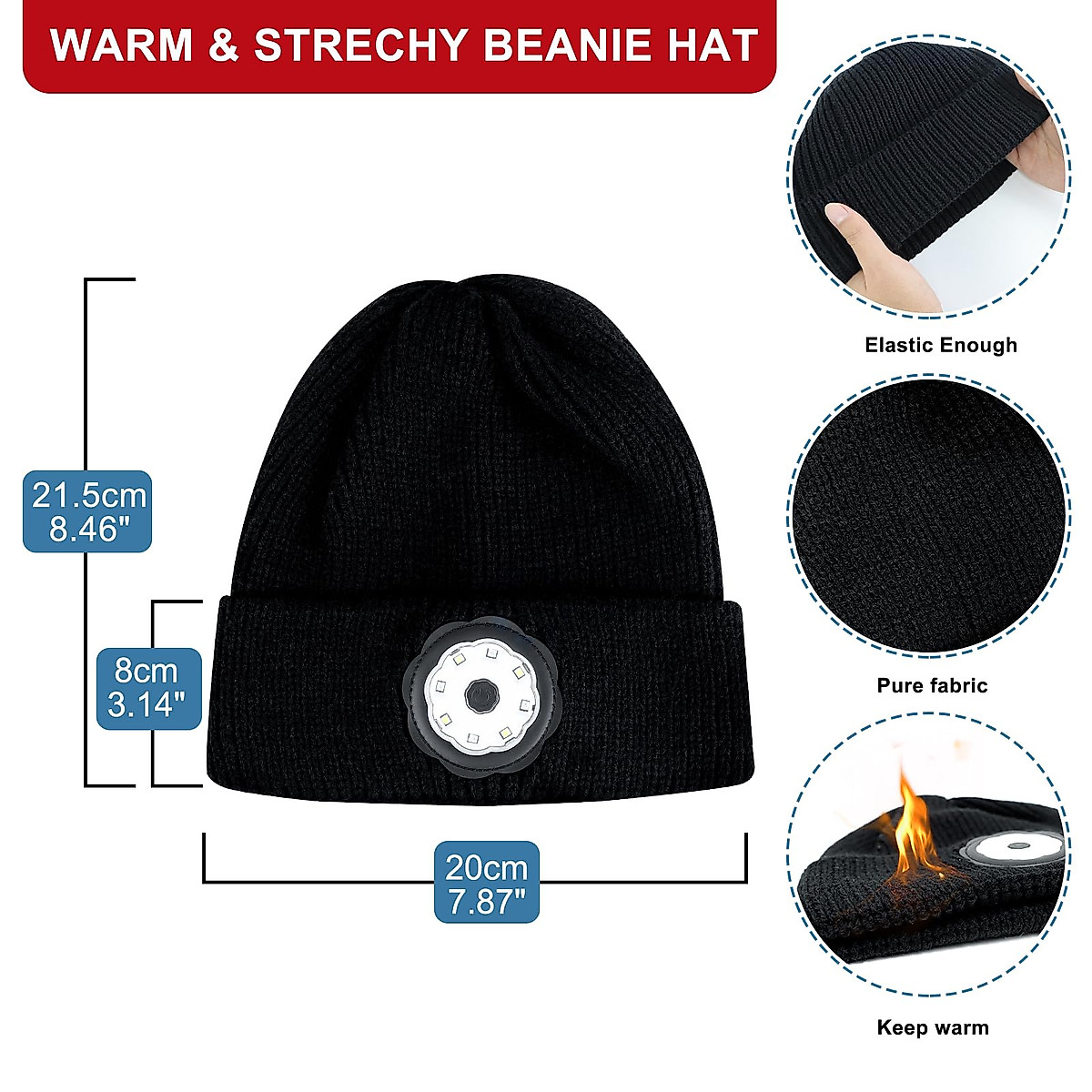 Riuog LED Beanie Hat with Light,USB Rechargeable Headlight Cap,Unisex Knit Lighted hat, for Outdoor Activities (Black 2 Pack)