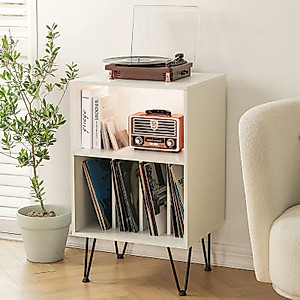 HOMMPA Record Player Stand with LED Lights White Record Storage Stand Vinyl Record Storage Cabinet with Metal Hairpin Legs Turntable Stand Table Holds Up to 150 Albums for Living Room Bedroom White