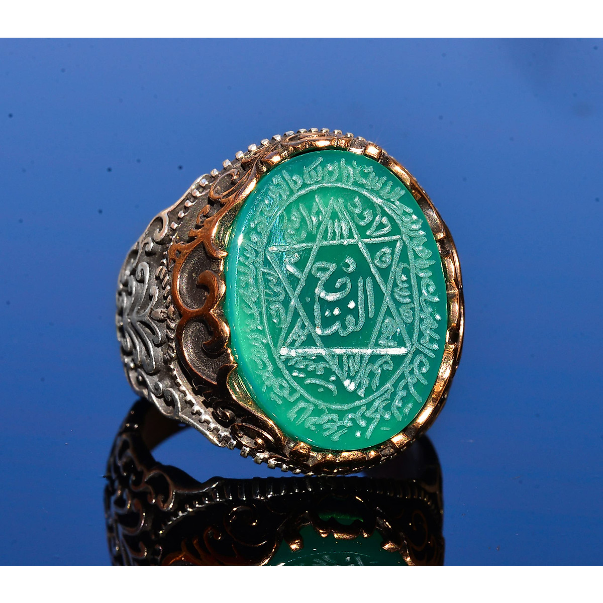 KAMBO Sterling Silver Men's Ring, Natural Black Onyx Gemstone, King Solomon Seal Ring, Unique Handmade Jewelry (Jade)