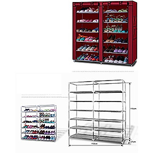 DESIGNSCAPE3D Portable Shoe Rack with Dust Cover, Non-woven Fabric Shoes Organizer Shelf, 6-Row 2-Line 12 Lattices, Coffee