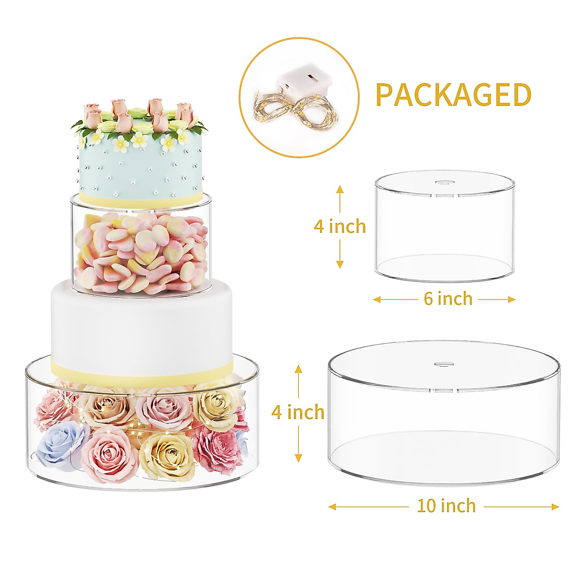 2 PCS Clear Acrylic Cake Stand, FEMELI Fillable Cake Box Case Tier Holder, Cylinder Round Cake Riser Display Box with Lid, Centerpiece Cake Base with Lights for Birthday Wedding Party Decor(10*4, 6*4)