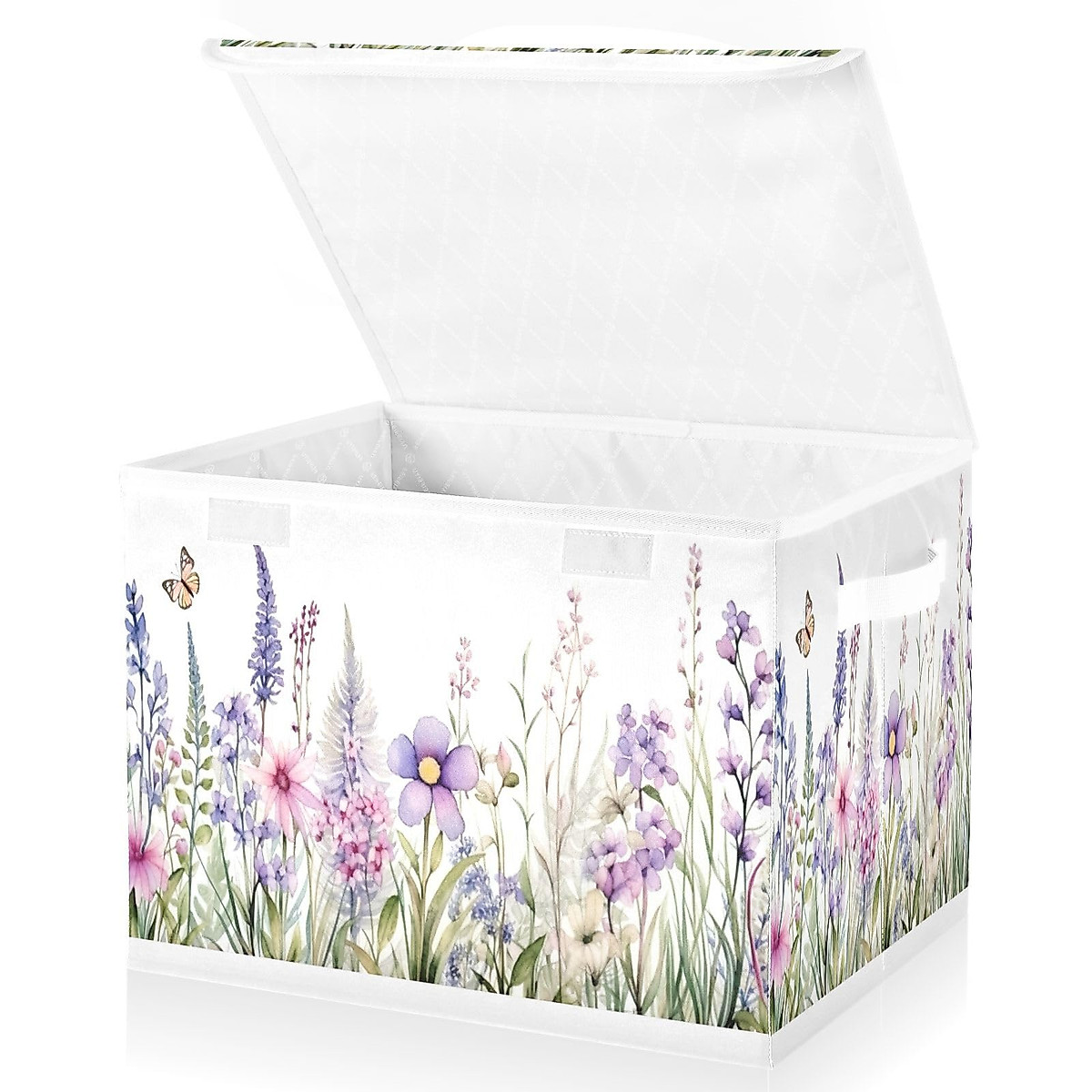 Kigai Flowers Butterfly Storage Basket with Lids and Handles,Collapsible Storage Bins Organizer for Bedroom Organization,Office Storage,Toys,16.5x12.6x11.8 In