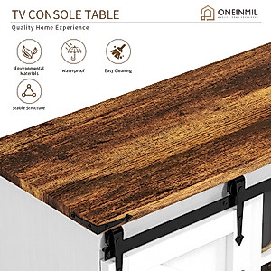 oneinmil 58 Inch Farmhouse TV Stand, Modern Rustic Entertainment Center with Sliding Barn Door and Storage Cabinets, Metal Media TV Console with Shelf for TVs up to 65 Inch in Living Room, White