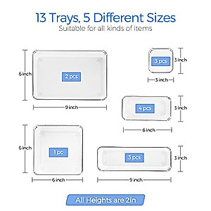 Ravinte 13 PCS Drawer Organizer Plastic Storage Bins, 5 - Size Kitchen Drawer Organizer with Non-Slip Pads Clear Desk Storage Tray for Makeup, Jewelries, Kitchen Utensils and Office