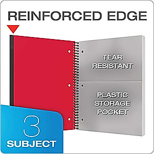 Oxford Spiral Notebook 3 Pack, 3 Subject, Wide Rule, Durable Plastic Covers, Strong Coil, 3 Pockets, 8.5 x 11, 150 Sheets, Red, Green, Blue (89804)