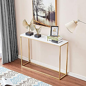 42” Console Tables for Entryway, Faux Marble Sofa Tables, Entryway Table for Living Room, Gold Entrance Table, MDF Entry Table, Foyer Tables w/ Metal Frame, Behind Couch Table for Hallway (Gold Frame)