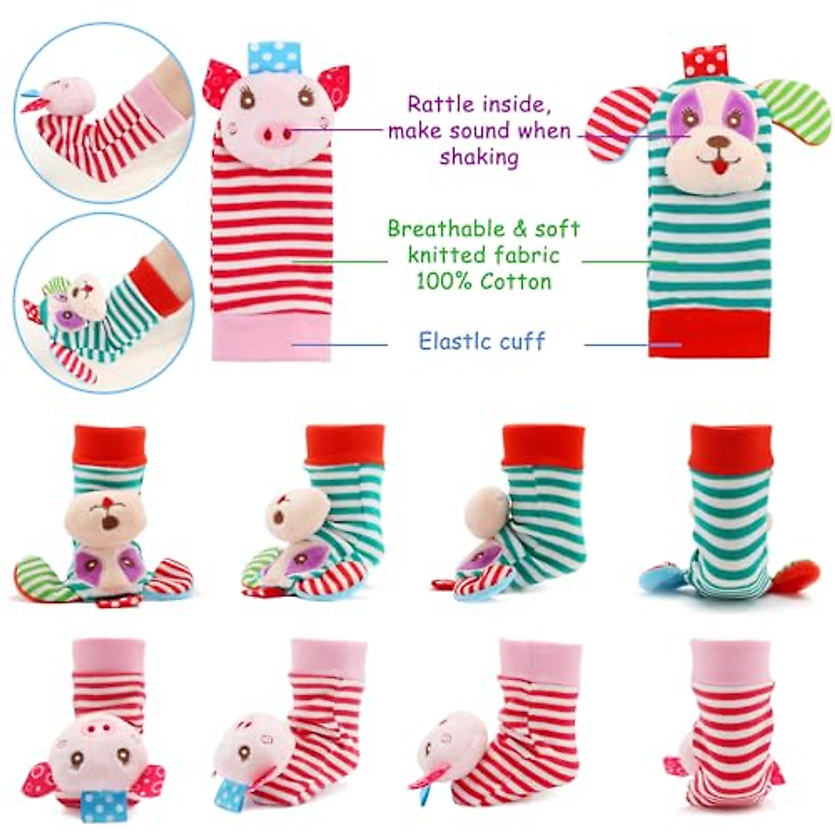 BLOOBLOOMAX Baby Infant Rattle Socks Toys, Sock rattles for Babies 0-24 Months Baby Animal Foot Finder Learning Toy (Cotton B)