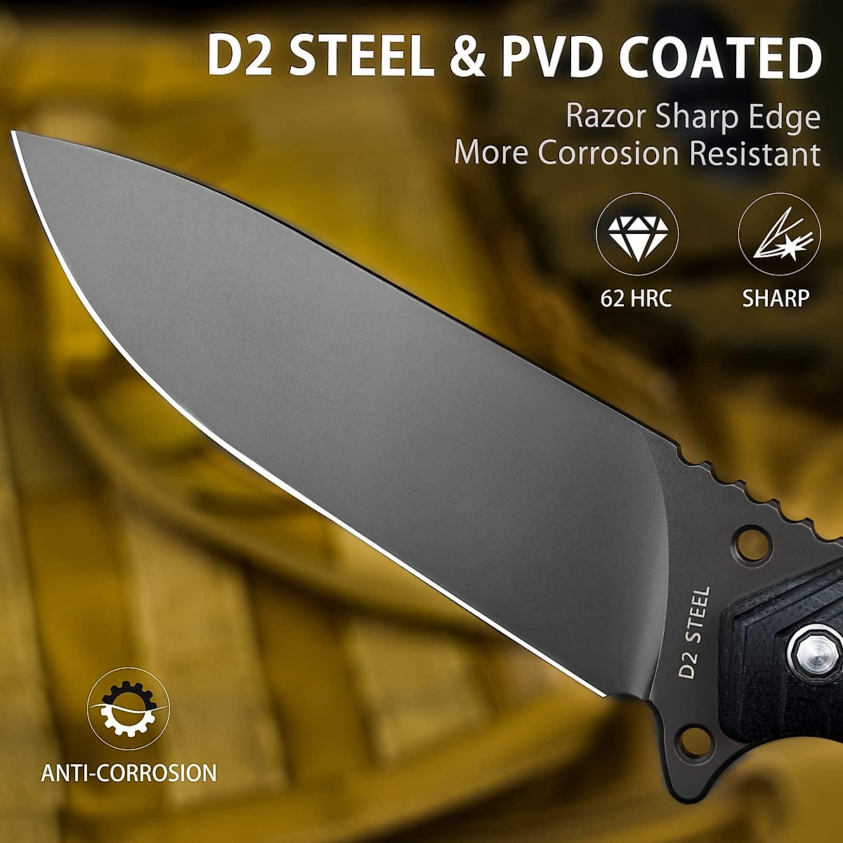 LOTHAR BAT Survival Knife with Fire Starter, Full Tang D2 Steel Fixed Blade Knife with G10 Handle, Tactical Hunting Knives with Kydex Sheath, Camping Knife, Bushcraft Knife, Gifts For Men