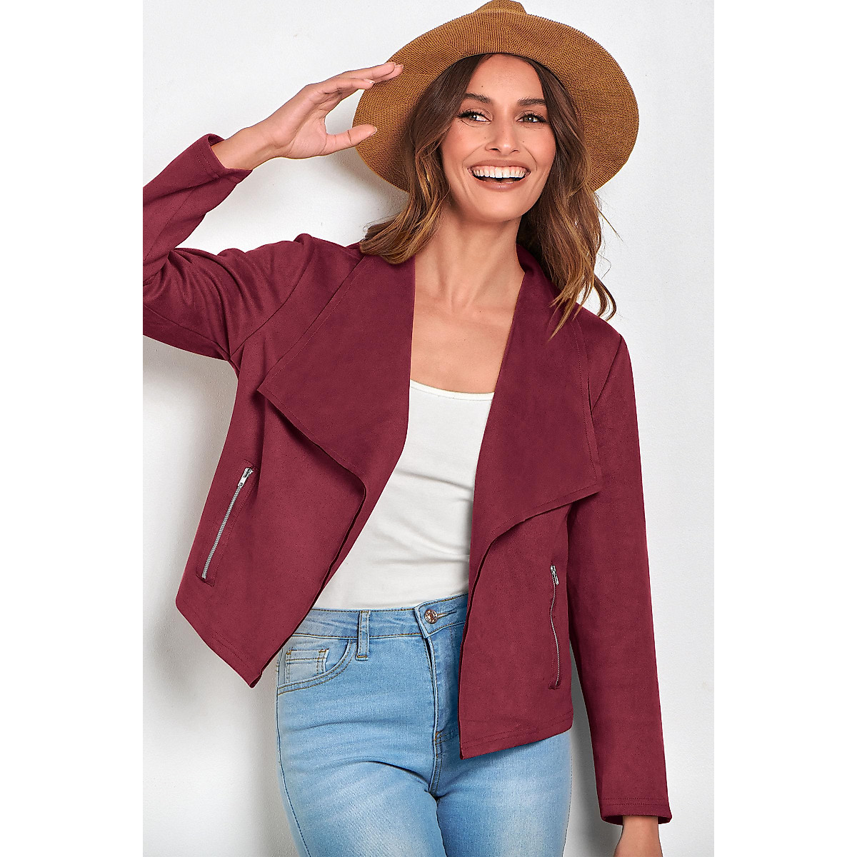 PRETTYGARDEN Women Cropped Jackets 2024 Fall Long Sleeve Faux Suede Leather Coats with Pockets (Wine Red,Large)