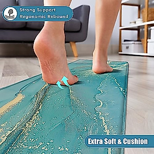 Sofort Anti Fatigue Kitchen Mats for Floor 2 Piece Set, Cushioned Memory Foam Kitchen Rug, Non Slip Waterproof Teal Marble Kitchen Mat, Comfort Standing Mats for Kitchen, Laundry, Office, Sink
