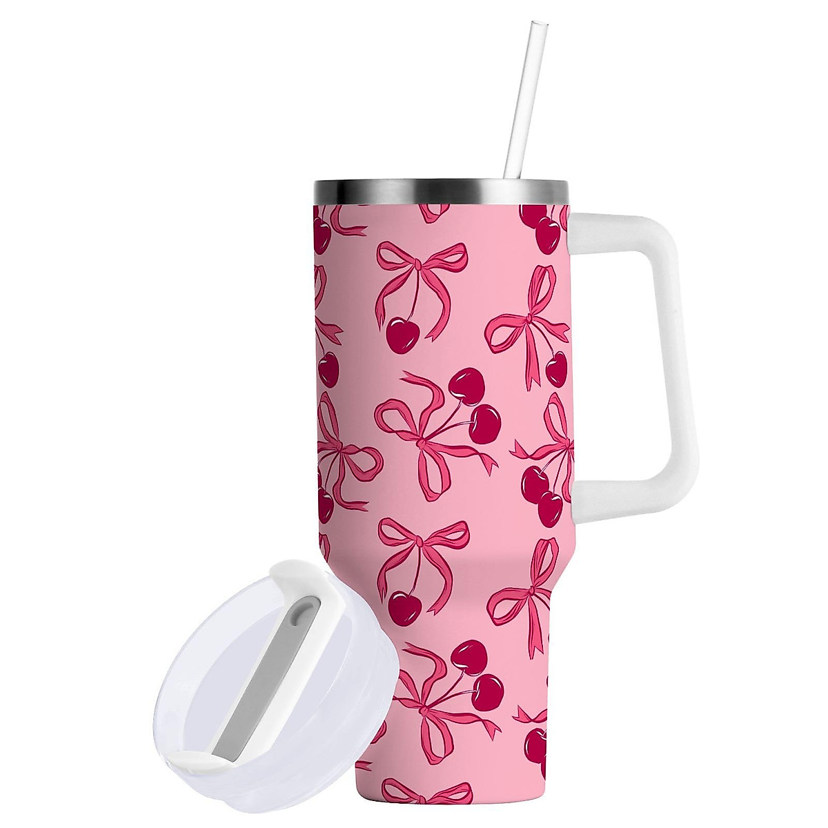 Bseiialft 40 oz Tumbler with Handle Pink Bow Cherry Water Bottle with Lid and Straw Vacuum Insulated Cup Stainless Steel Travel Coffee Mug for Home Office Car