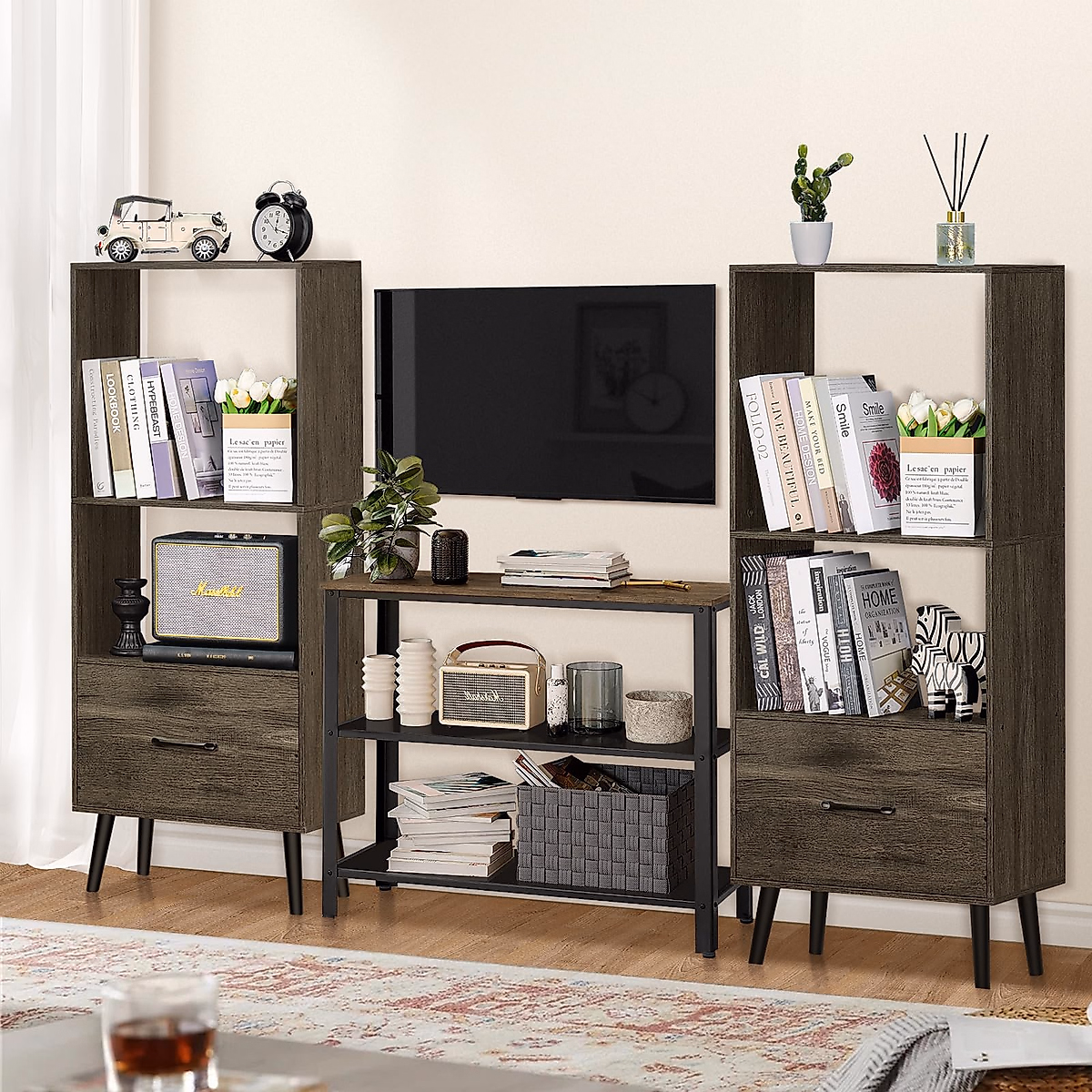 LELELINKY Open Bookshelf, 3 Tier Black Mid Century Modern Book Shelf with Drawers and Legs, Wood Bookcase with Storage Organizer Shelves for Bedroom, Living Room, Office