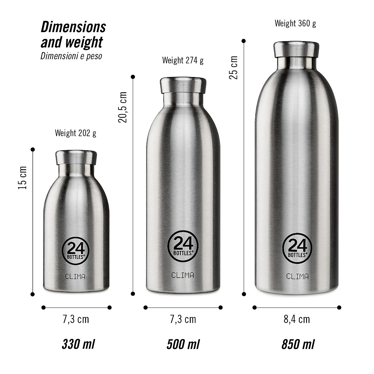 24Bottles Clima Bottles - Insulated Water Bottle 11oz/17oz/29oz, Water Bottles with 100% Leak Proof Lid (12 Hours Hot and 24 Hours Cold Beverages), Made of Stainless Steel, Italian Design