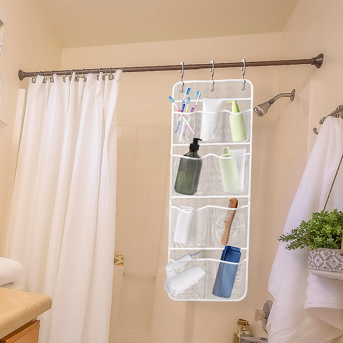 VOCHIC Shower Organizer with 3 Metal Loop Hangers, Thickened Shower Caddy or Bathroom Organizer with Quick Drying Mesh, Hanging Mesh 9 Pockets to Hold Shampoo, Soap, Loofah for Cruise Ship Essentials