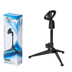 Bearstar Universal Adjustable Desk Microphone Stand Portable Foldable Tripod MIC Tabletop Stand with Small Plastic Microphone Clip Such as Sm57 Sm58 Sm86 Sm87