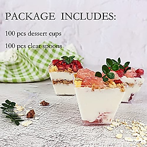 Hiasobre 100 Pack 2 oz Mini Dessert Cups with Spoons, Square Clear Plastic Appetizer Cups, Reusable Parfait Cups, Small Dessert Bowls for Serving Fruit Ice Cream Pudding Yogurt