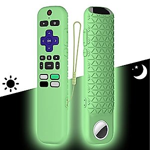 Seltureone 2 in 1 Remote Cover with AirTag Holder for Roku Voice Remote (Glow in The Dark), Roku Remote Cover Silicone Protective Case, Anti Slip Shock Absorption Washable, Green