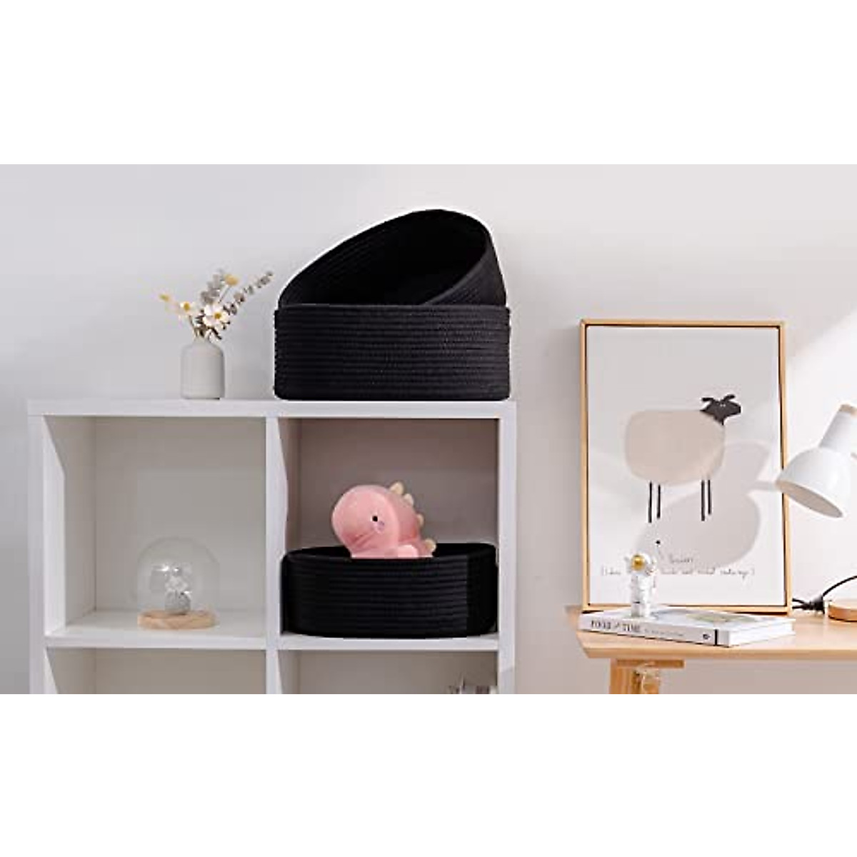 voten Black Toy Storage Basket Bins Set,Shelves Closet Cloth Storage Basket for Organizing&Storage,Small Woven Basket for Storage,Oval Set 3Packs