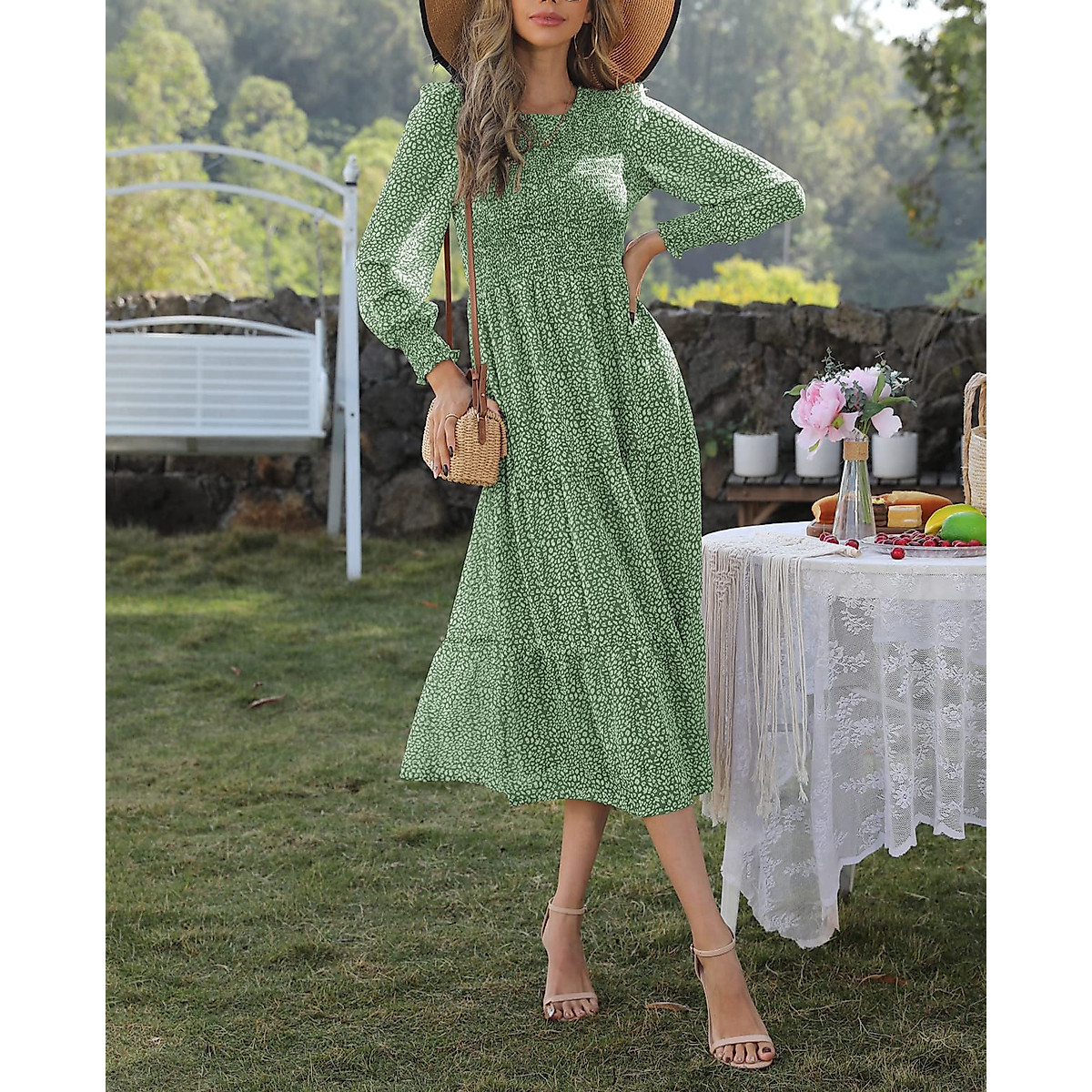 kimralur Womens Casual Long Sleeve Midi Fall Dress Crew Neck Boho Floral Print Smocked Ruffle Tiered Flowy Long Dress