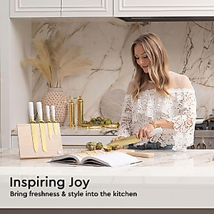 White and Gold Knife Set with Block- 6 PC White and Gold Kitchen Knife Set with Magnetic Knife Holder Includes White and Gold Knives and Ashwood Magnetic Knife Block - Gold Kitchen Accessories