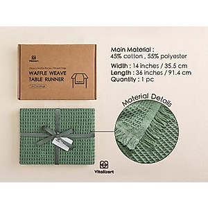 Vitalizart Dusty Green Table Runner 14"x36" Waffle Weave Boho Rustic Fringe Cotton Farmhouse Table Cloth for Home Decor Coffee Table Bedroom Kitchen Dining Bridal Wedding Baby Shower Decoration