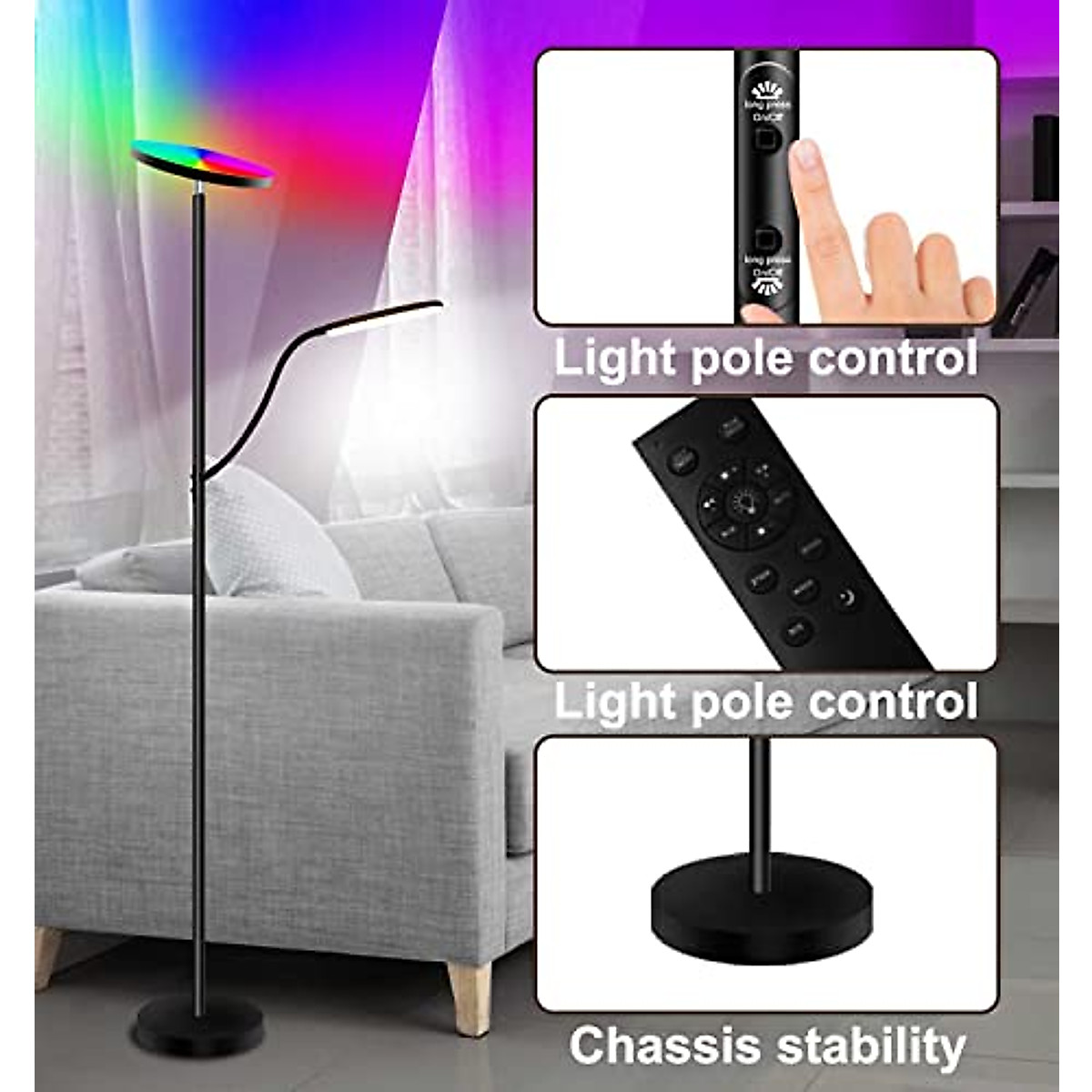Hyskostar Standing Multicolor Lamp, Dimmable Colorful RGB Floor Lamps,Top Sky Light and Side Reading Lamp, Adjustable Tall Lamp with Remote & Long Touch &APP Control for Living Room Bedroom Office