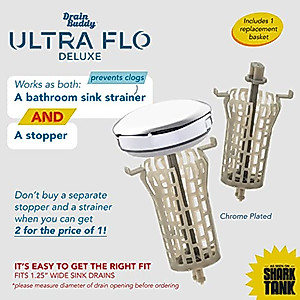 Drain Buddy Ultra Flo- 2 in 1 Bathroom Sink Stopper & Hair Catcher W/Patented Pull Clean Technology! | Fits 1.25” Sink Drains, Clog Preventing | Chrome Plastic Cap