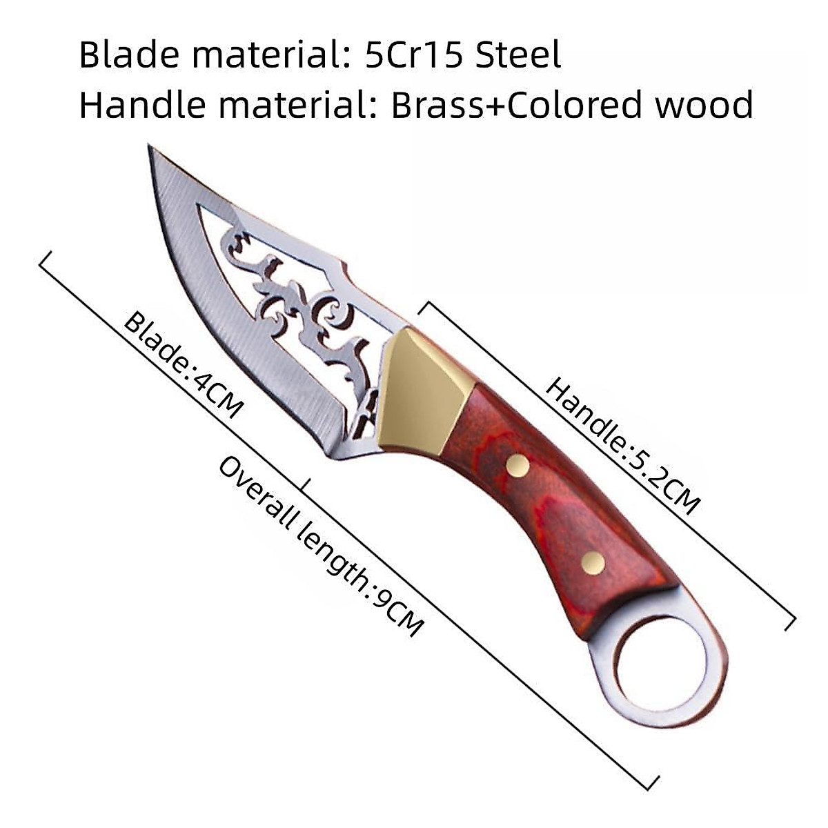 SZHOWORLD Ultra Small Fixed Blade Knife, 1.57 inch 5Cr15 Steel Laser Cutting Hollow Blade with Brass+Colored Wood Handle, Mini Knife/Box Cutter with Leather Sheath for EDC Use (Red brown)