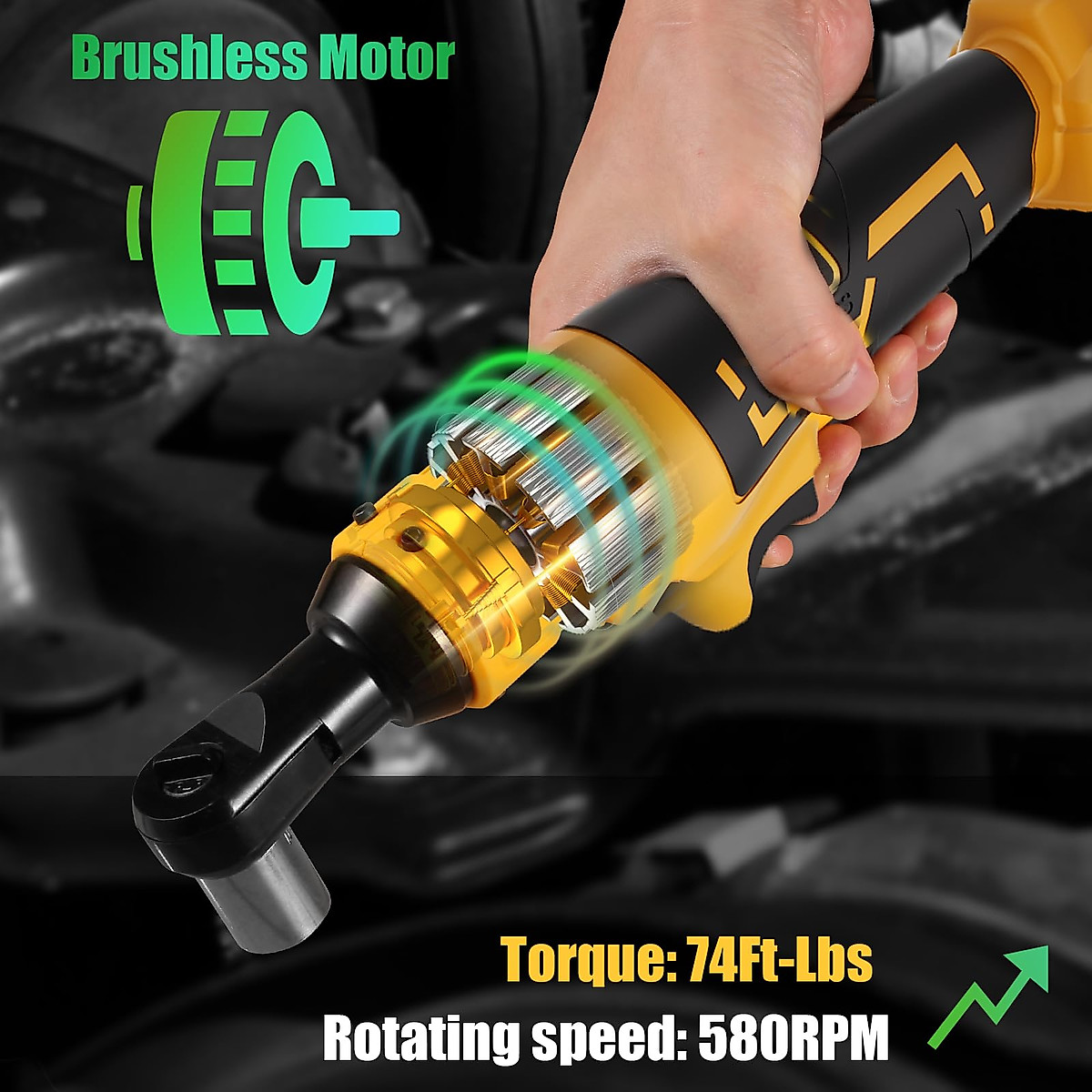 Lezwuatoolz 3/8" Brushless Cordless Ratchet, Electric Ratchet Compatible with DEWALT 20V Battery, 74Ft-Lbs Ratchet Wrench with Variable Speed Trigger, 3/8" to 1/4" Adapter, 3" Extension Bar(Tool Only)
