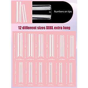 LIONVISON 504PCS NO C CURVE Clear Nail Tips for Acrylic Nails Professional, 3XL Extra Long Flat Tapered Square Nail Tips, 12 Sizes Half Cover Straight French Fake Nail Tips for Nail Salons Home