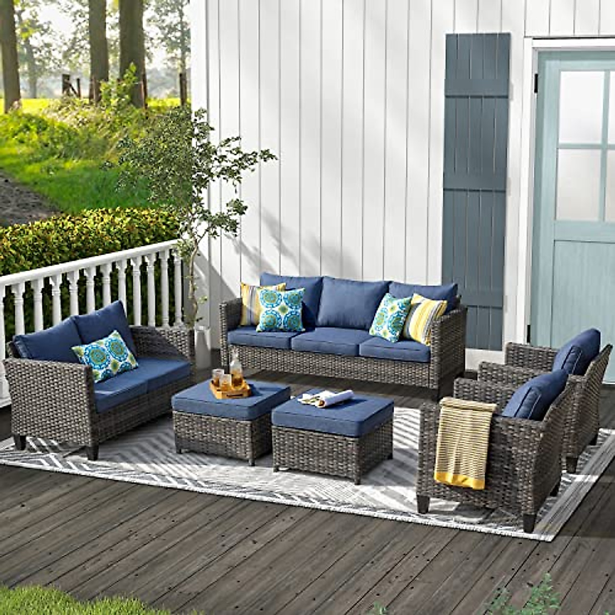 ovios Patio Furniture Set 6 PCS Outdoor Sectional Sofa Set with Loveseat Chairs Ottomans High Back Sofa All Weather Wicker Rattan Conversation Sets for Yard Porch (Denim Blue)