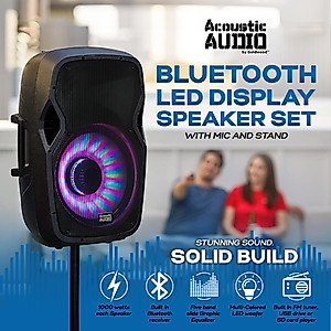 Acoustic Audio by Goldwood 15" 1000W Bluetooth Speaker Set w/ LED, Mic, Stand, & Remote
