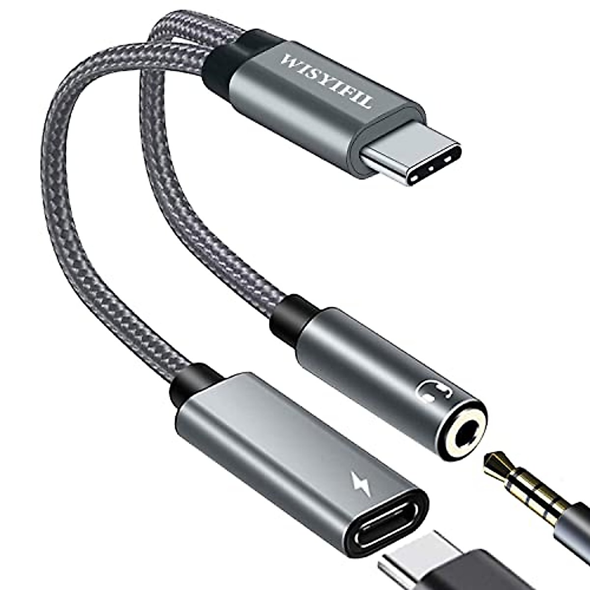 USB C to 3.5mm Headphone and Charger Adapter Up to 384KHz/32bit and 60W Fast Charging,2-in 1 USB C to Aux Audio Jack with Charging,Compatible with Samsung S22/S21/S20,Note20/10,Pixel 4 3 2 XL (Grey)