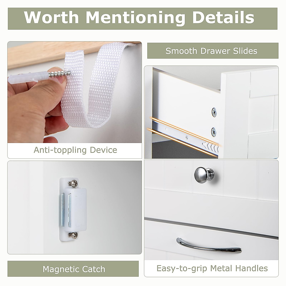 LOKO Kitchen Tilt Out Trash Cabinet, Modern Trash Cabinet with 2 Drawers & Adjustable Shelf, Pet Proof Trash Can Cabinet with Rubber Wood Tabletop, Ideal for Living Room, Dining Room (White)